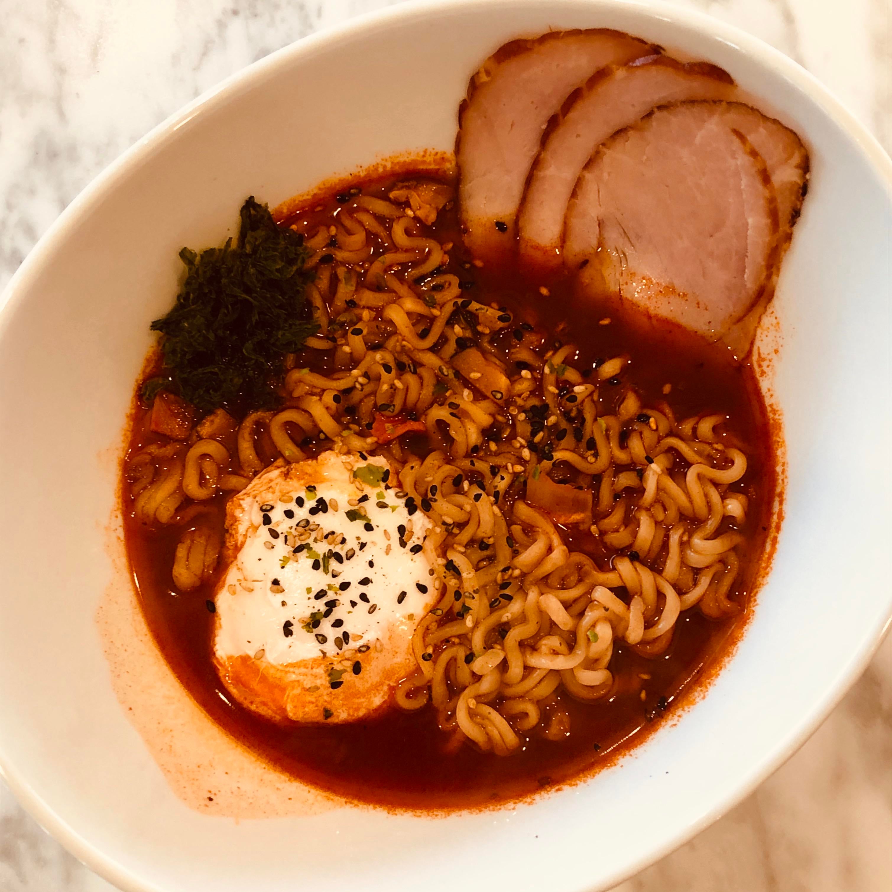 Lockdown ramen v2: Samyang Mala with extra broth, poached egg, smoked ...