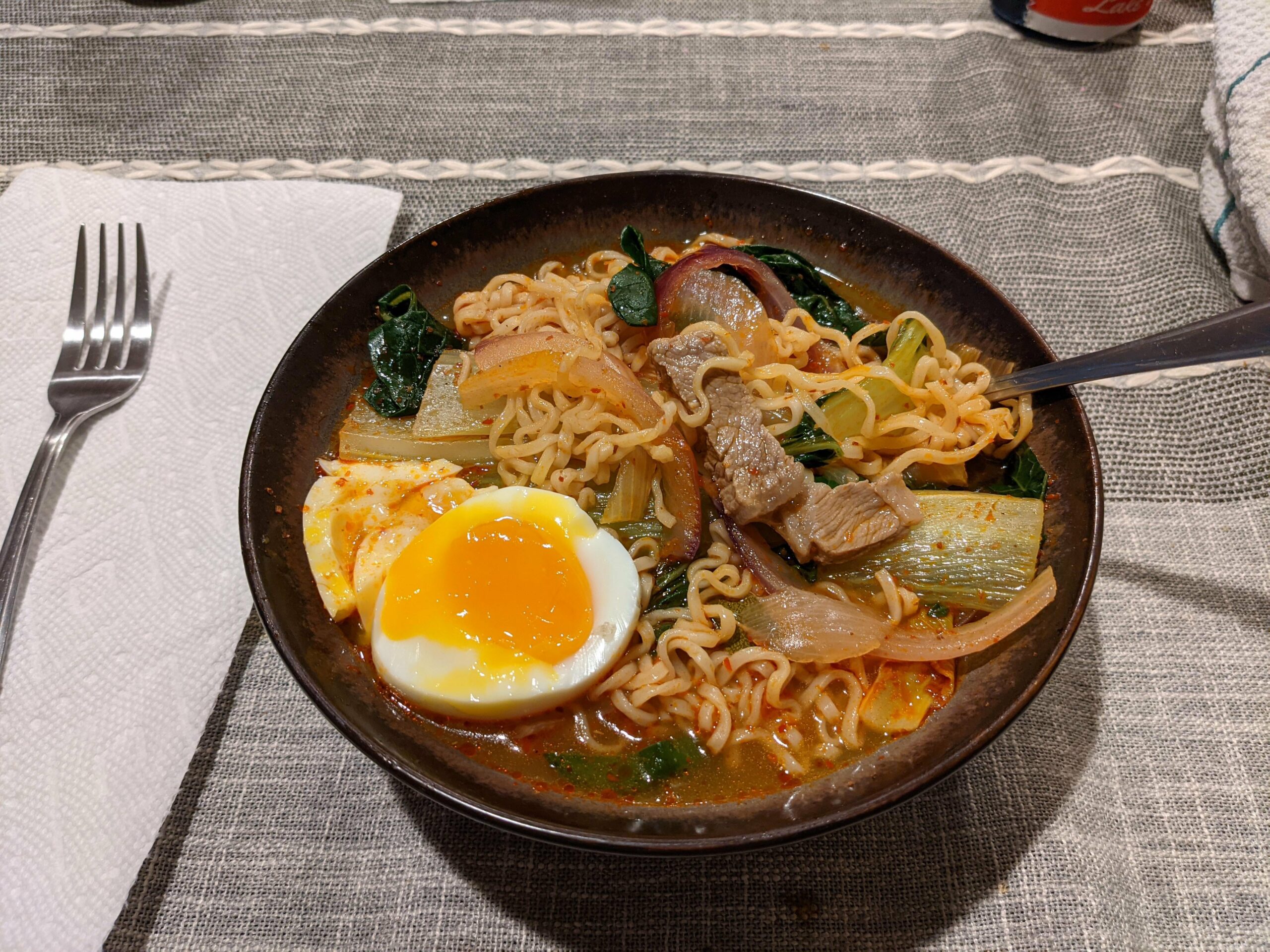 Homemade Spicy Numbing Hot Pot w/ Ramen, veggies, and soft-boiled egg ...