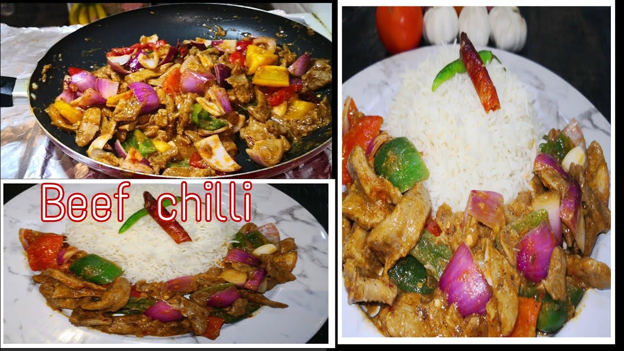 Beef chilli recipe || spicy beef chilli with garlic rice ||dry beef ...