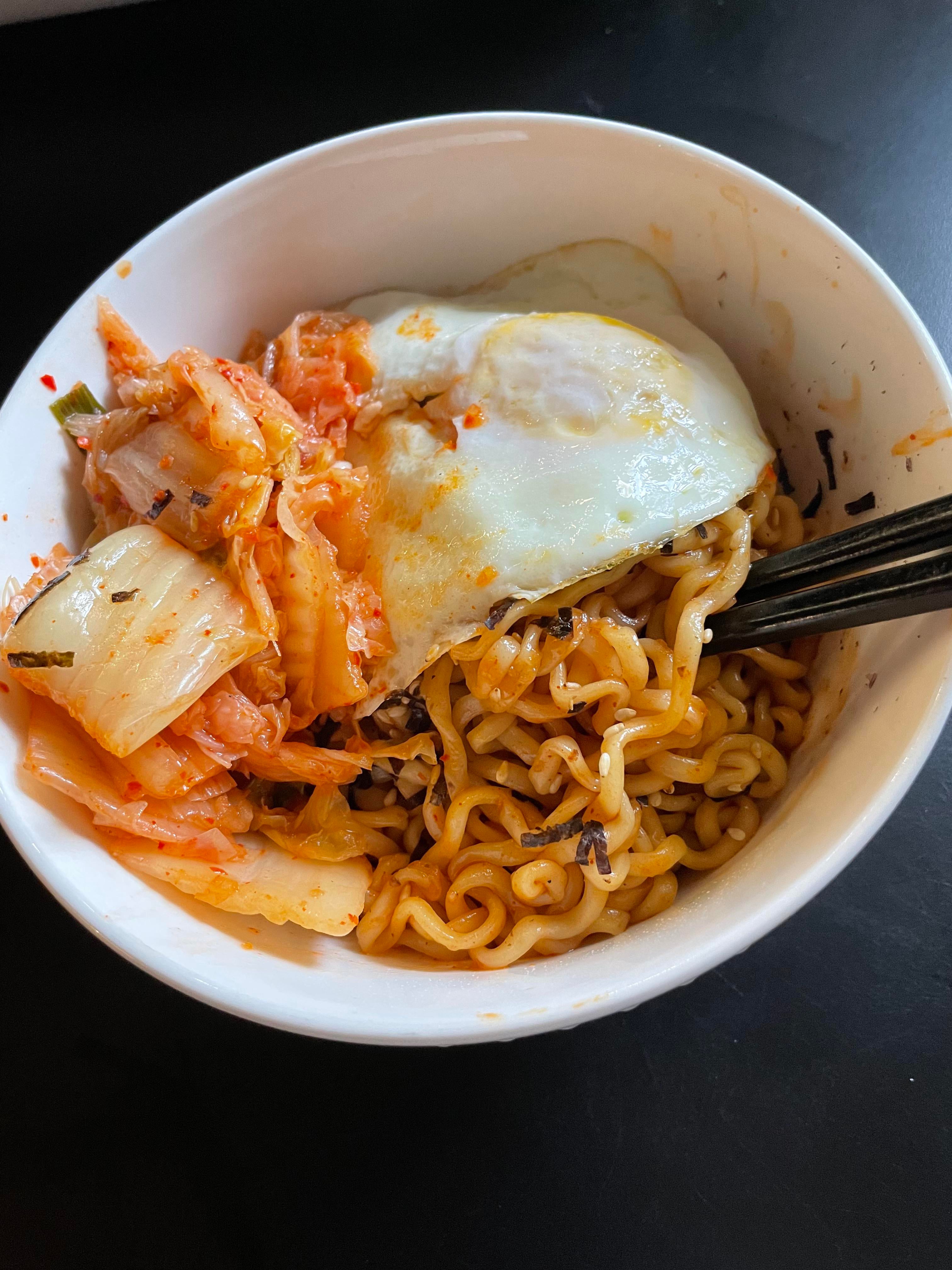Buldak spicy chicken ramen with kimchi and a fried egg. - Chili Chili