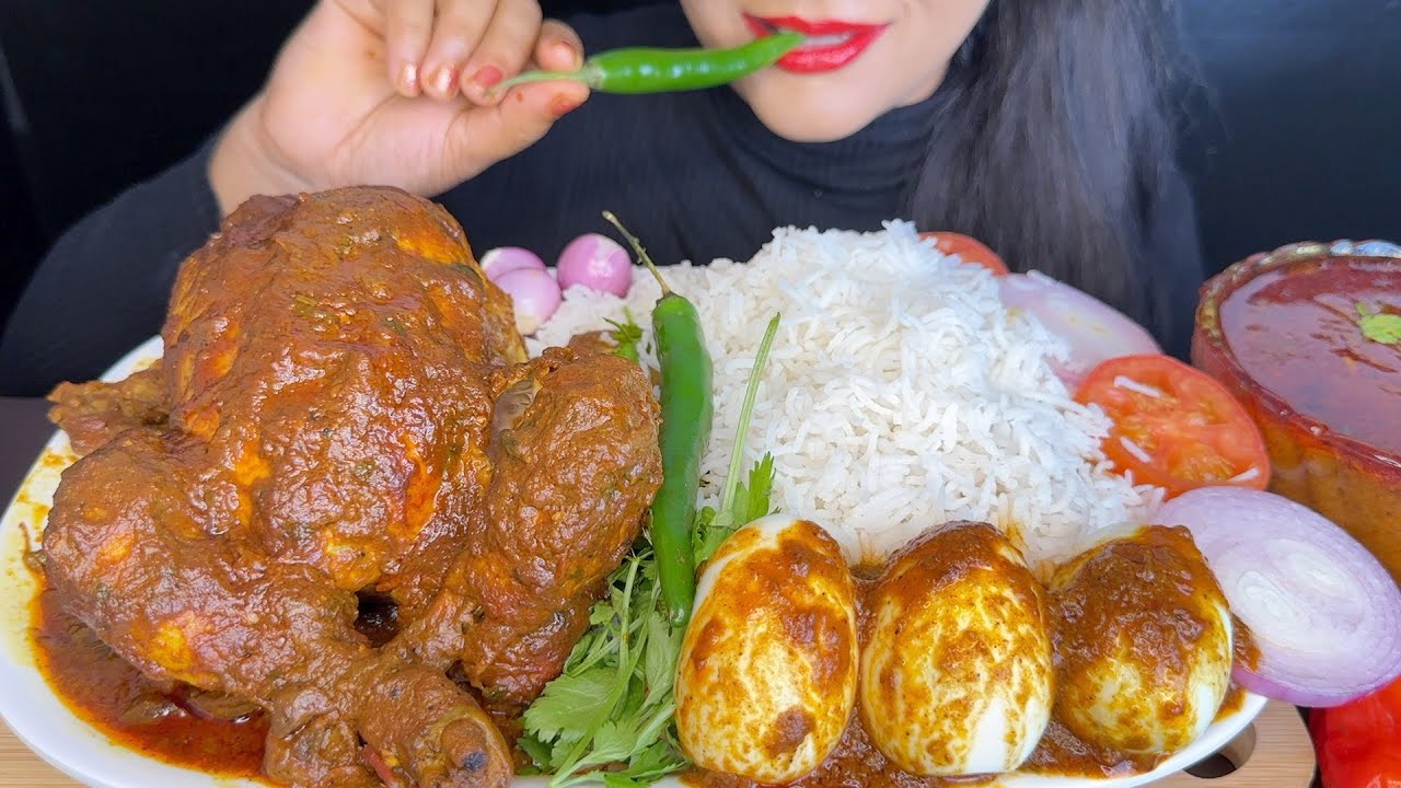 ASMR EATING SPICY WHOLE CHICKEN CURRY,EGG CURRY,BASMATHI RICE,GREEN CHILLI *FOOD VIDEOS* - Chili ...