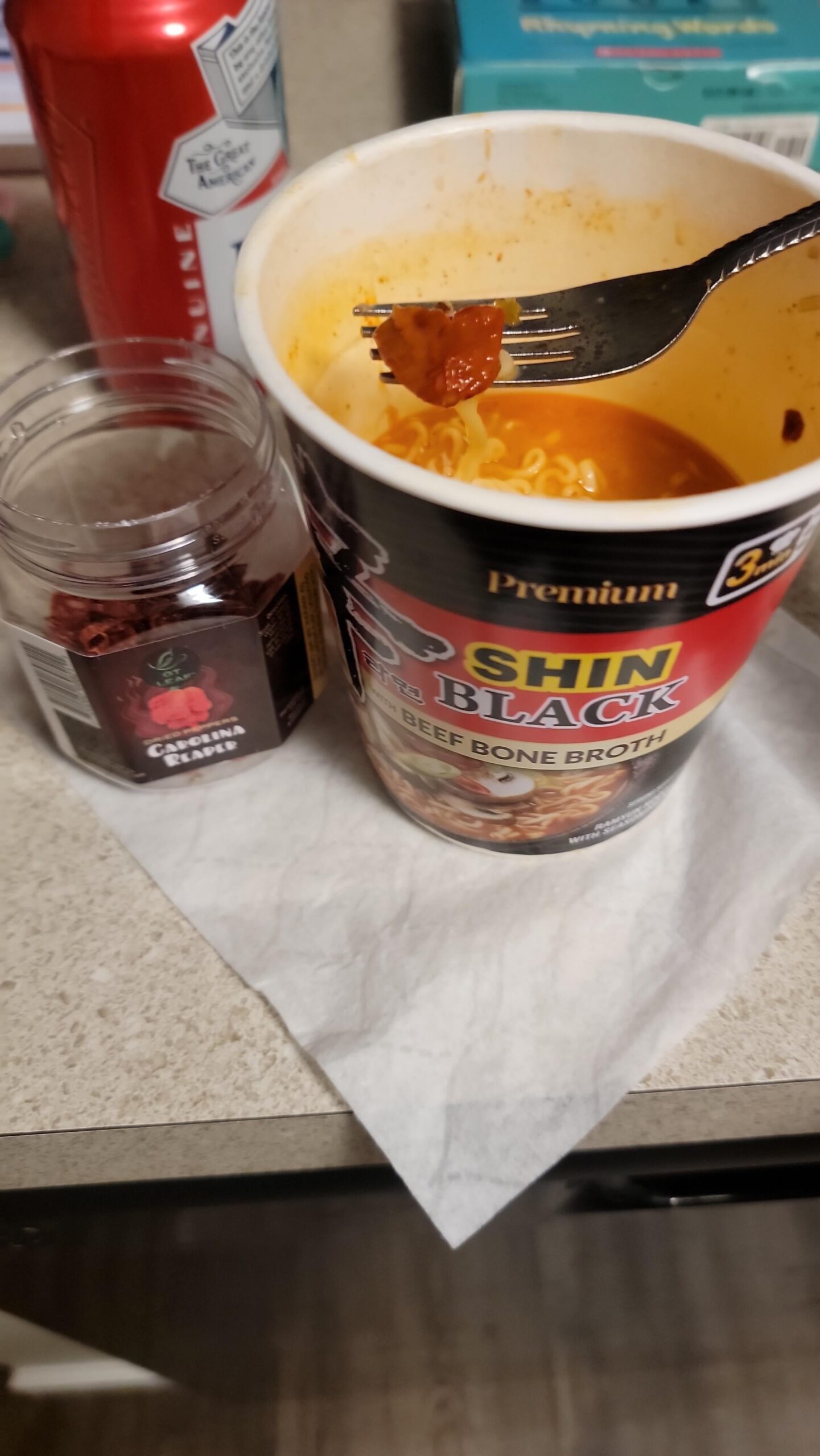 2 dried Carolina reapers + Melinda's Ghost Pepper sauce + Shin Ramyun ...